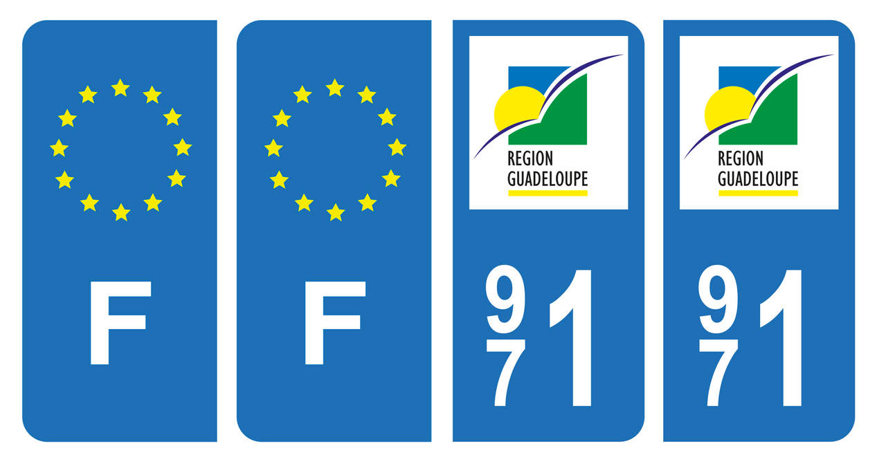 Lot 4 Autocollants Plaque d'immatriculation 971 Guadeloupe DROM